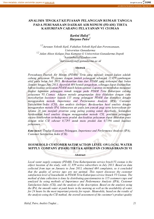 (PDF) Analisis Tingkat Kepuasan Pelanggan Rumah Tangga Pada Perusahaan Daerah Air Minum (Pdam ...