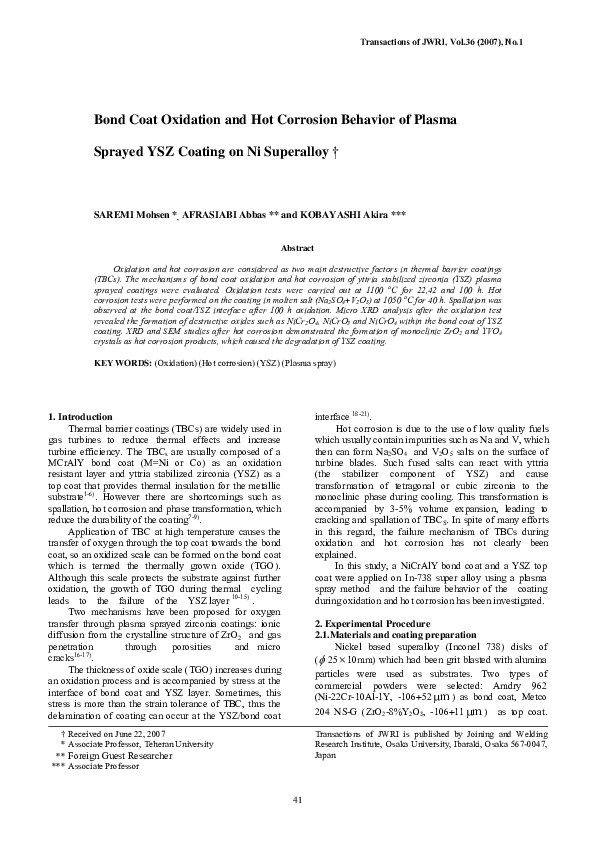 (PDF) Bond Coat Oxidation and Hot Corrosion Behavior of Plasma Sprayed YSZ Coating on Ni Superalloy