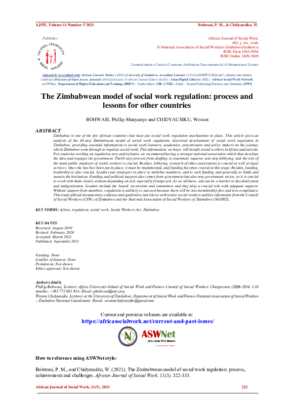 (PDF) The Zimbabwean model of social work regulation: process and ...