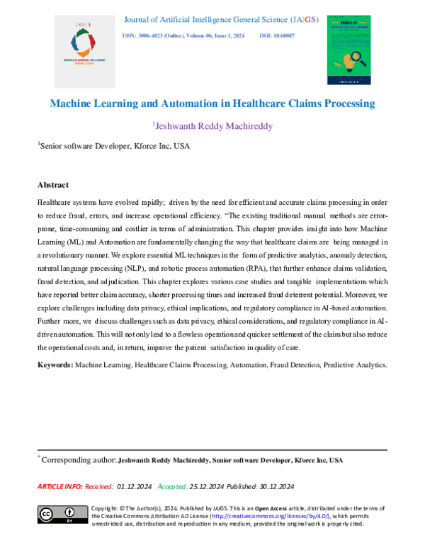 (PDF) Machine Learning and Automation in Healthcare Claims Processing