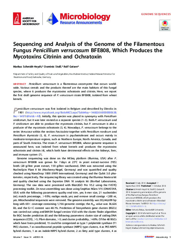(PDF) Sequencing and Analysis of the Genome of the Filamentous Fungus Penicillium verrucosum ...