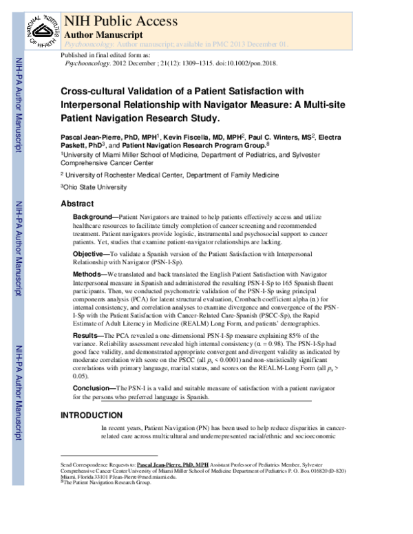 (PDF) Cross-cultural validation of a Patient Satisfaction with Interpersonal Relationship with ...