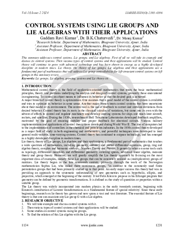(PDF) CONTROL SYSTEMS USING LIE GROUPS AND LIE ALGEBRAS WITH THEIR APPLICATIONS