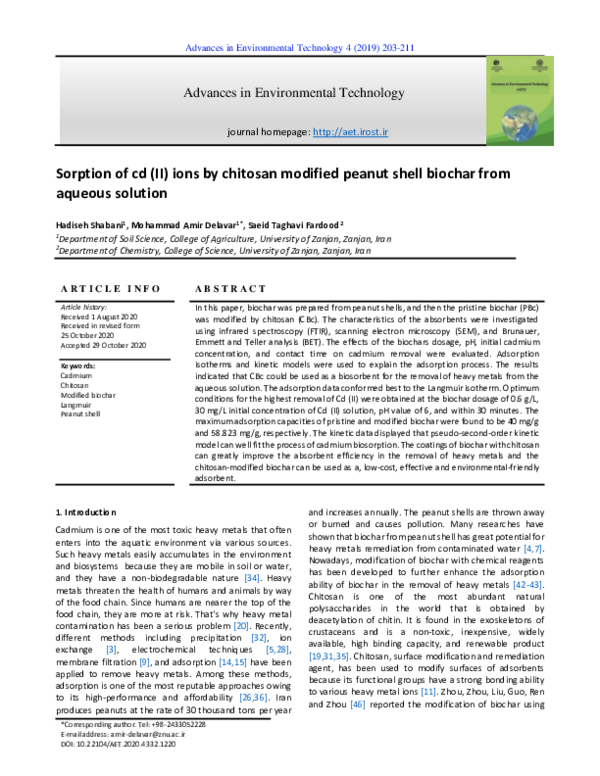 (PDF) Sorption of cd (II) ions by chitosan modified peanut shell biochar from aqueous solution