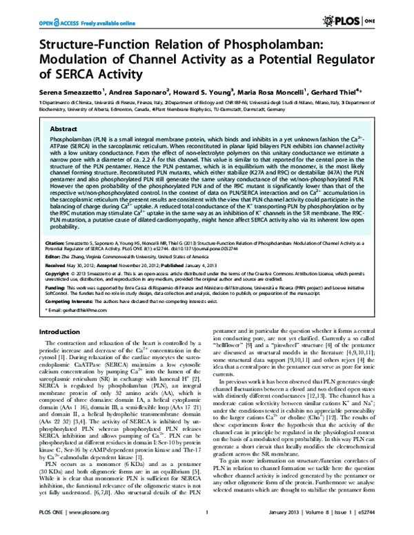 (PDF) Structure-Function Relation of Phospholamban: Modulation of ...