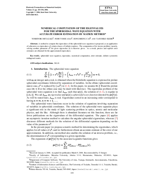 (PDF) Numerical computation of the eigenvalues for the spheroidal wave equation with accurate ...