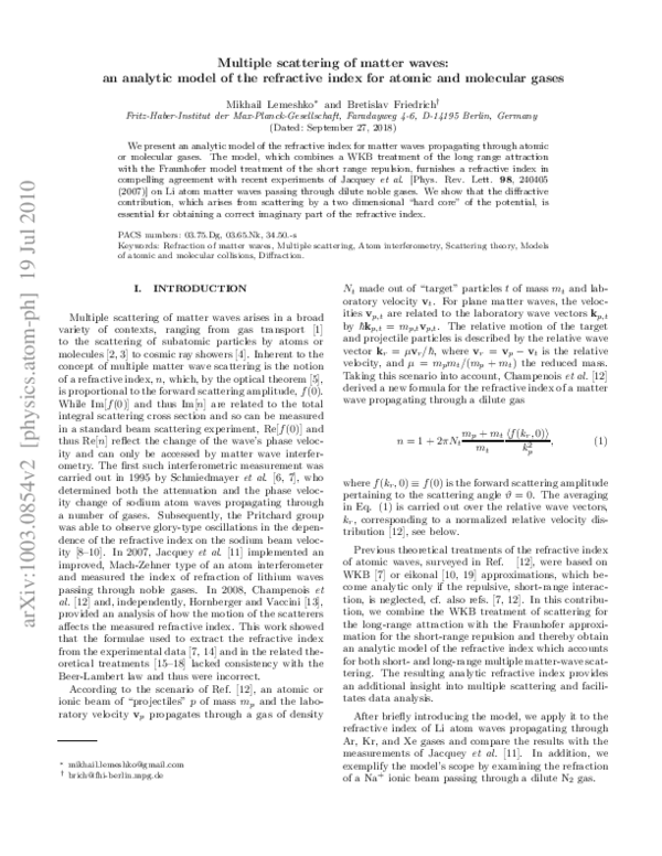 (PDF) Multiple scattering of matter waves: An analytic model of the refractive index for atomic ...