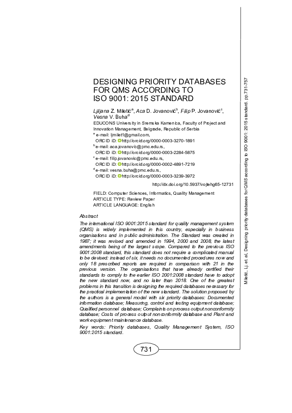 (PDF) Designing priority databases for QMS according to ISO 9001: 2015 ...