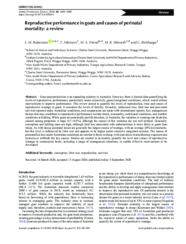 (PDF) Reproductive performance in goats and causes of perinatal mortality: a review