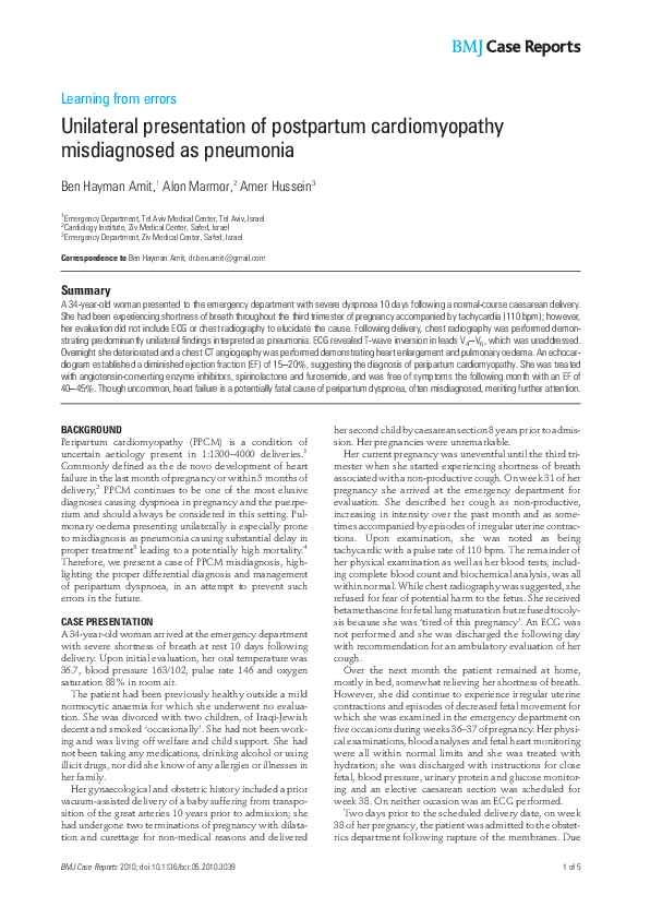 (PDF) Unilateral presentation of postpartum cardiomyopathy misdiagnosed ...