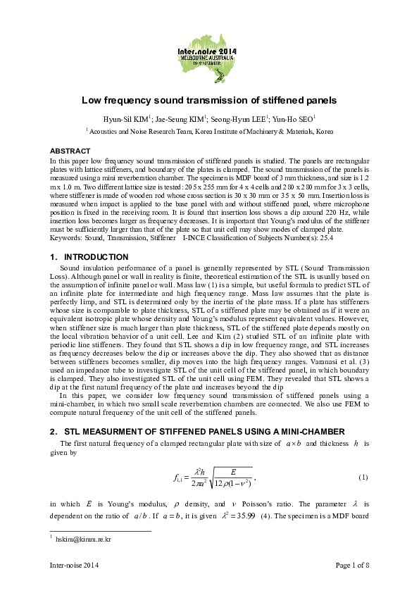 (PDF) Low frequency sound transmission of stiffened panels
