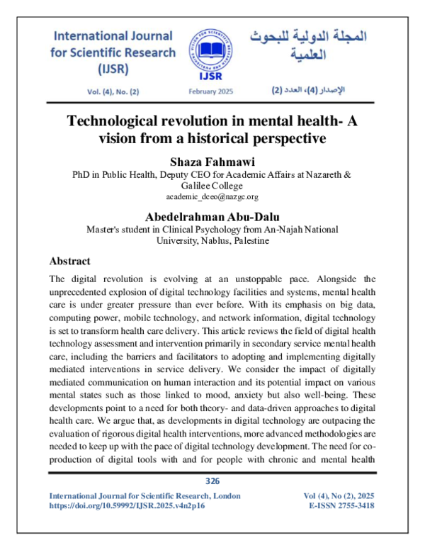 (PDF) Technological revolution in mental health-A vision from a ...