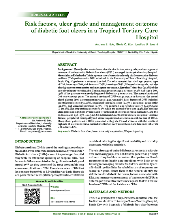 (PDF) Risk factors, ulcer grade and management outcome of diabetic foot ...