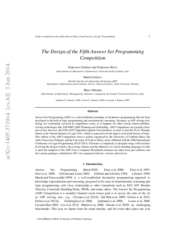 (PDF) The Design of the Fifth Answer Set Programming Competition