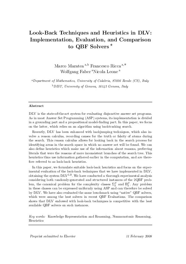 (PDF) Look-back techniques and heuristics in DLV: Implementation, evaluation, and comparison to ...