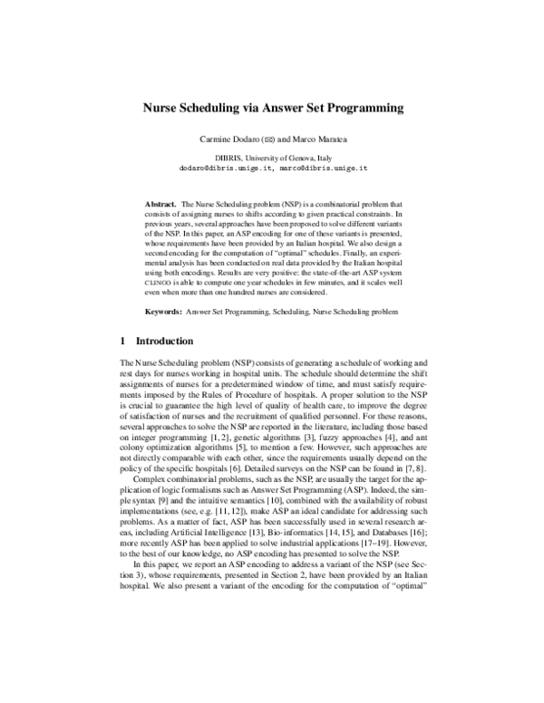 (PDF) Nurse Scheduling via Answer Set Programming