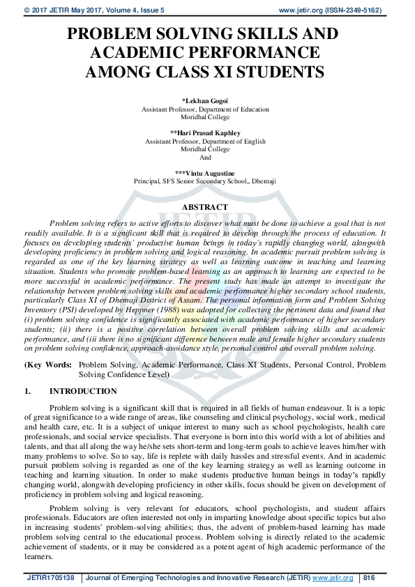 (PDF) PROBLEM SOLVING SKILLS AND ACADEMIC PERFORMANCE AMONG CLASS XI STUDENTS