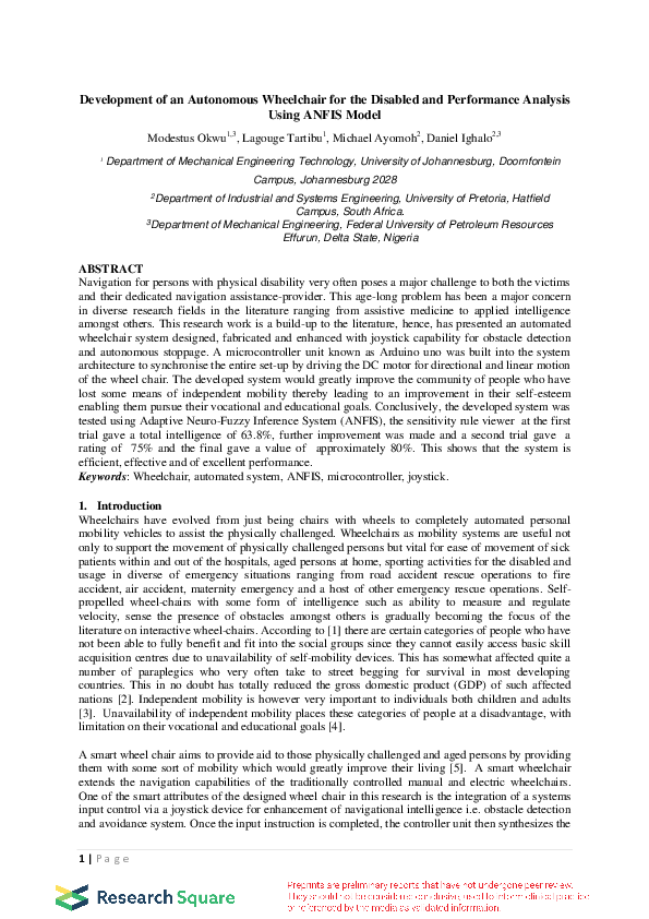 (PDF) Development of an Autonomous Wheelchair for The Disabled and Performance Analysis Using ...