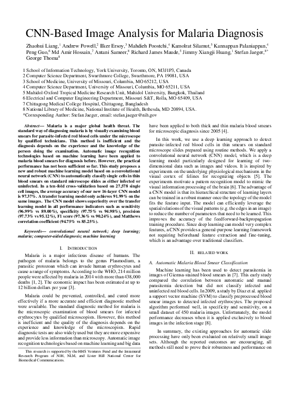 (PDF) CNN-based image analysis for malaria diagnosis