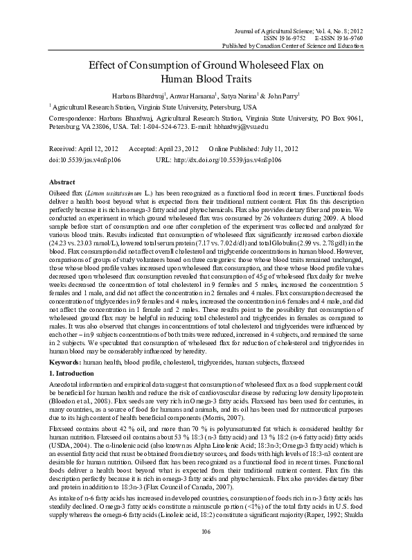 (PDF) Effect of Consumption of Ground Wholeseed Flax on Human Blood Traits