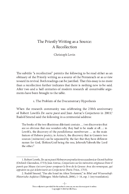 (PDF) 2022 The Priestly Writing as a Source: A Recollection