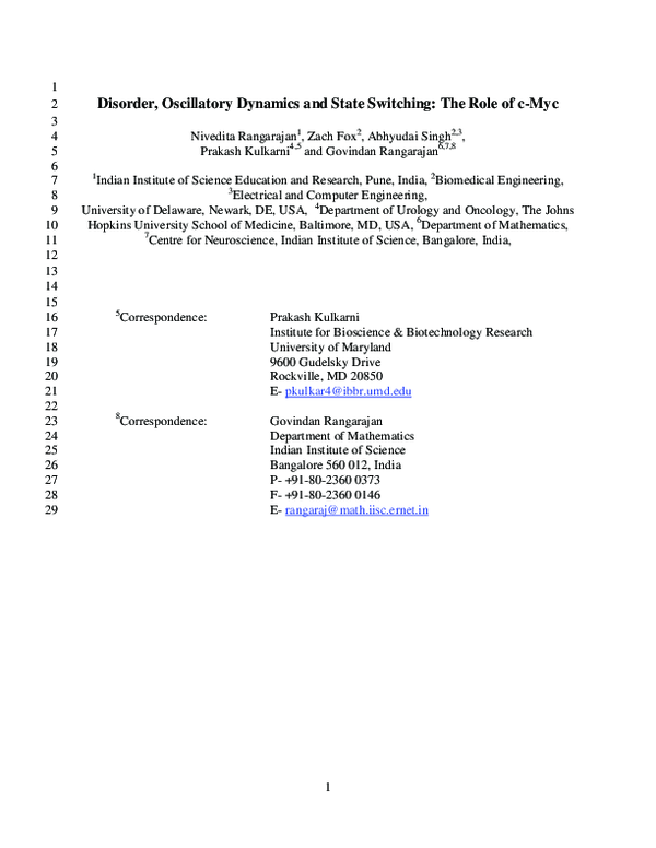 (PDF) Disorder, oscillatory dynamics and state switching: the role of c-Myc
