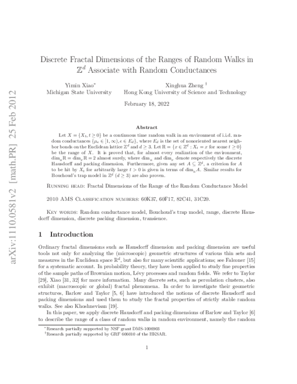 (PDF) Discrete Fractal Dimensions of the Ranges of Random Walks in $\Z ...