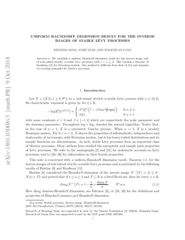 (PDF) Uniform Hausdorff dimension result for the inverse images of stable L\'evy processes