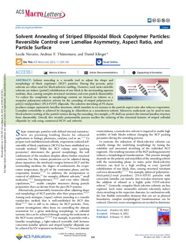 (PDF) Solvent Annealing of Striped Ellipsoidal Block Copolymer Particles: Reversible Control ...