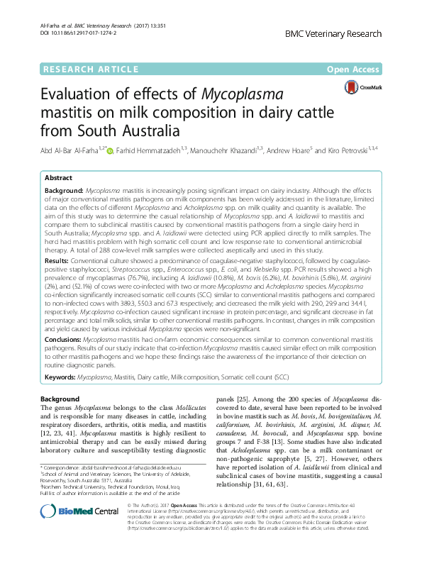 (PDF) Evaluation of effects of Mycoplasma mastitis on milk composition ...