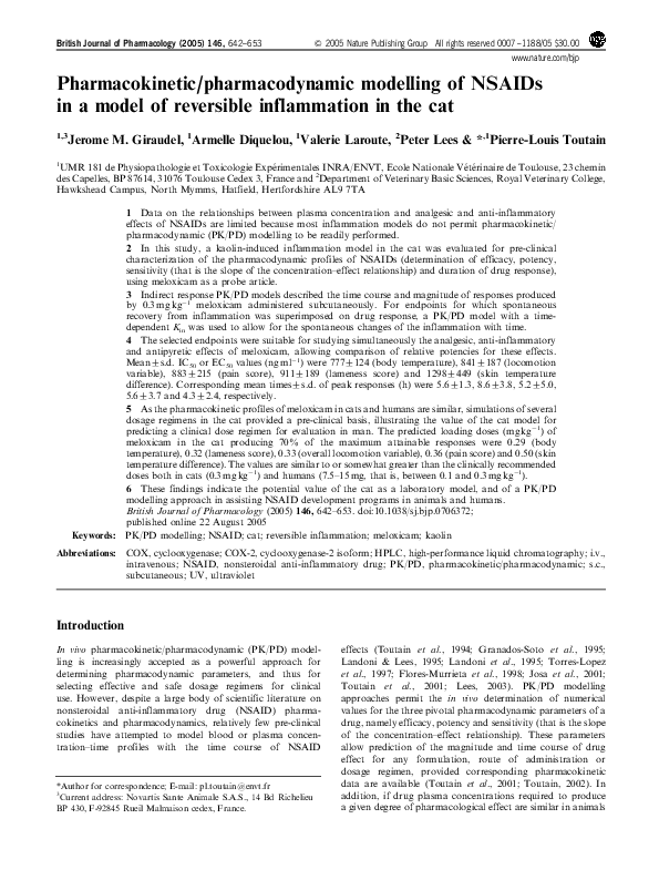 (PDF) Pharmacokinetic/pharmacodynamic modelling of NSAIDs in a model of ...
