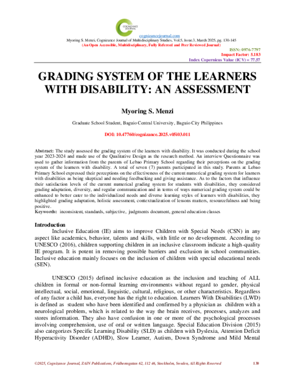 (PDF) GRADING SYSTEM OF THE LEARNERS WITH DISABILITY: AN ASSESSMENT
