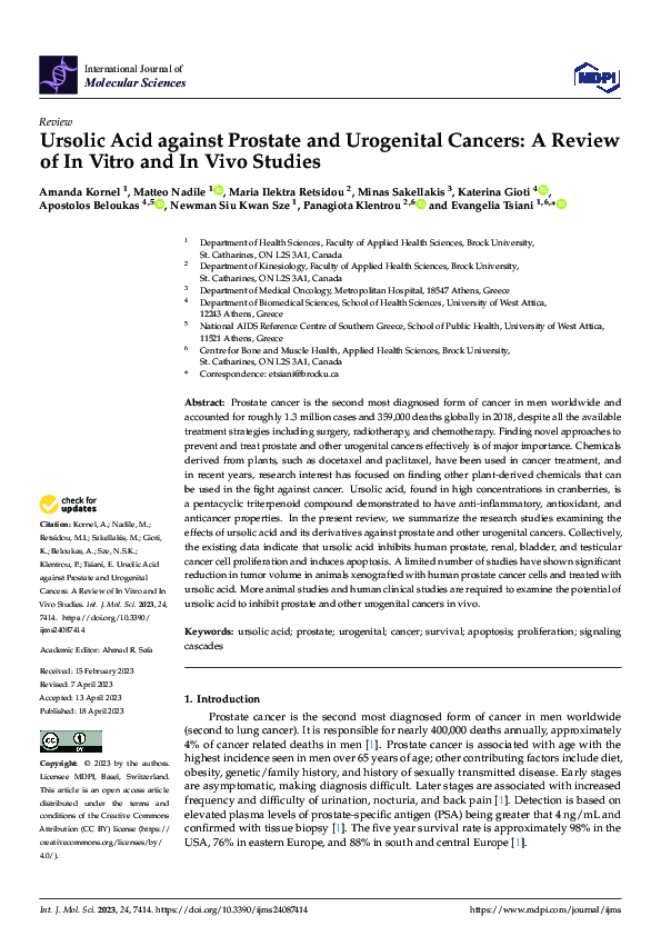 (PDF) Ursolic Acid against Prostate and Urogenital Cancers: A Review of In Vitro and In Vivo Studies