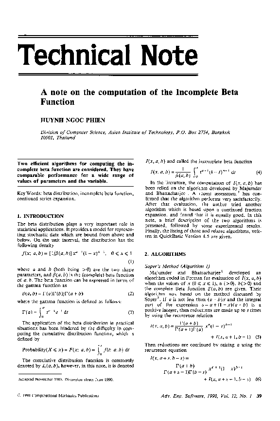 Pdf A Note On The Computation Of The Incomplete Beta Function