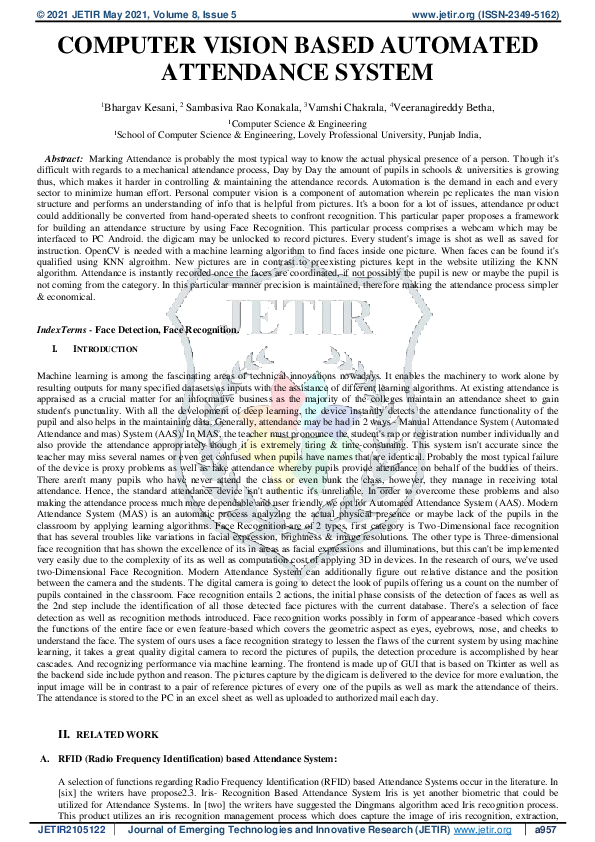(PDF) Computer Vision Based Automated Attendance System