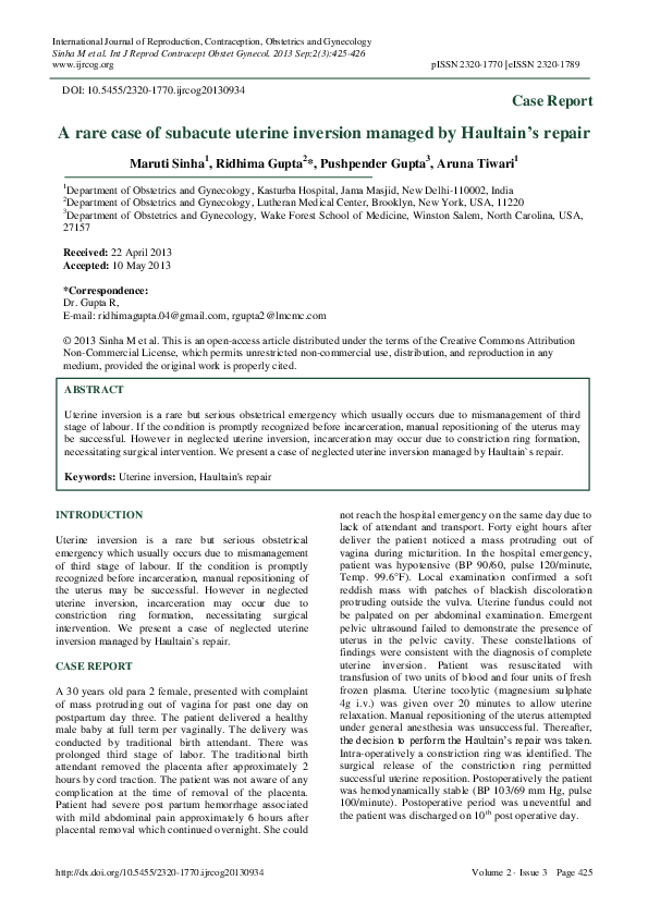 (PDF) A rare case of subacute uterine inversion managed by Haultain's ...