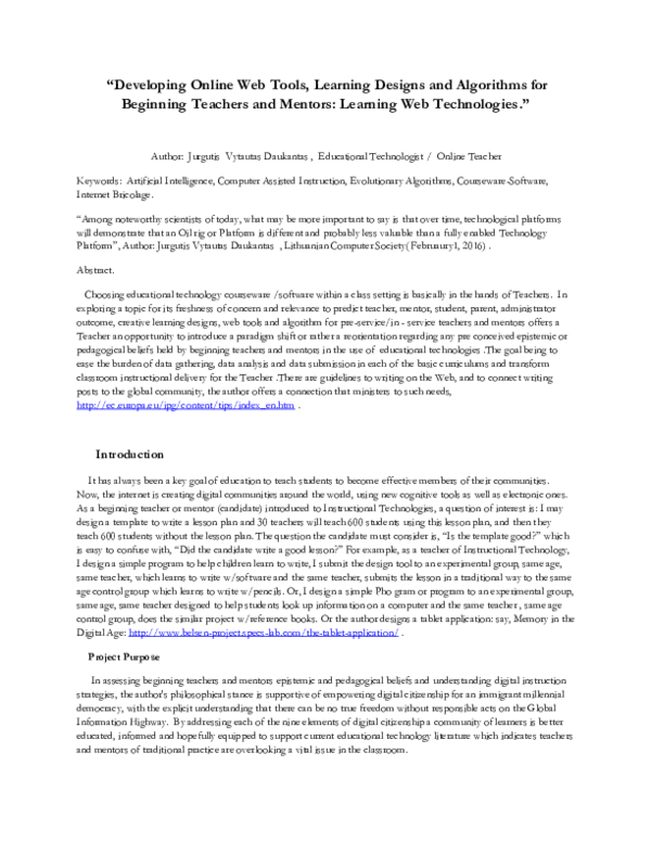 (PDF) "Developing Online Web Tools, Learning Designs and Algorithms for ...
