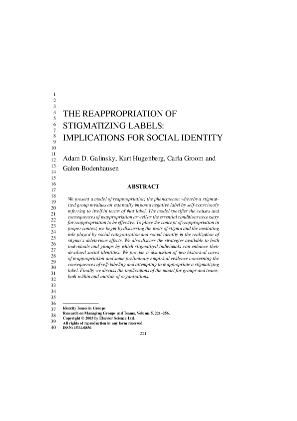 (PDF) The Reappropriation of Stigmatizing Labels: Implications for ...