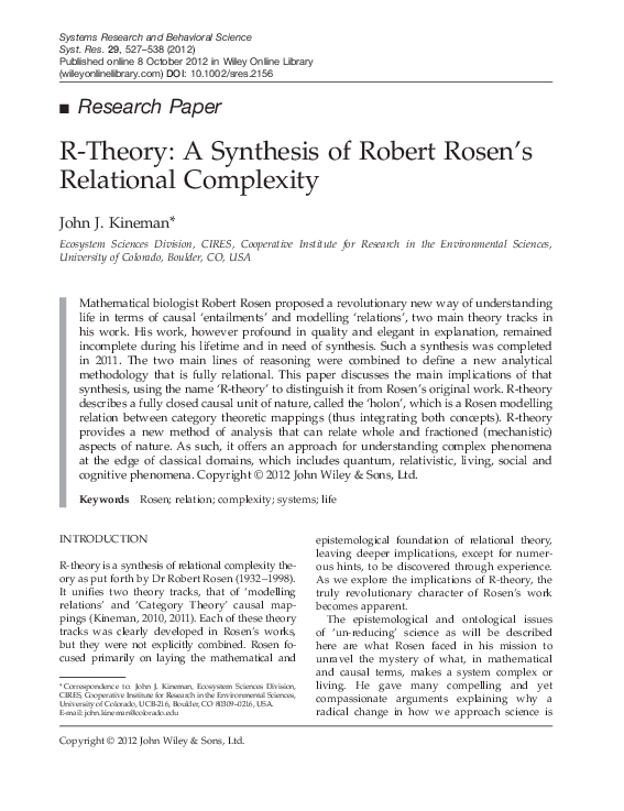 (PDF) R‐Theory: A Synthesis of Robert Rosen's Relational Complexity