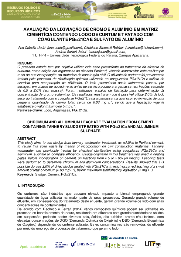 (PDF) Avaliação Da Lixiviação De Cromo e Alumínio Em Matriz Cimentícea ...