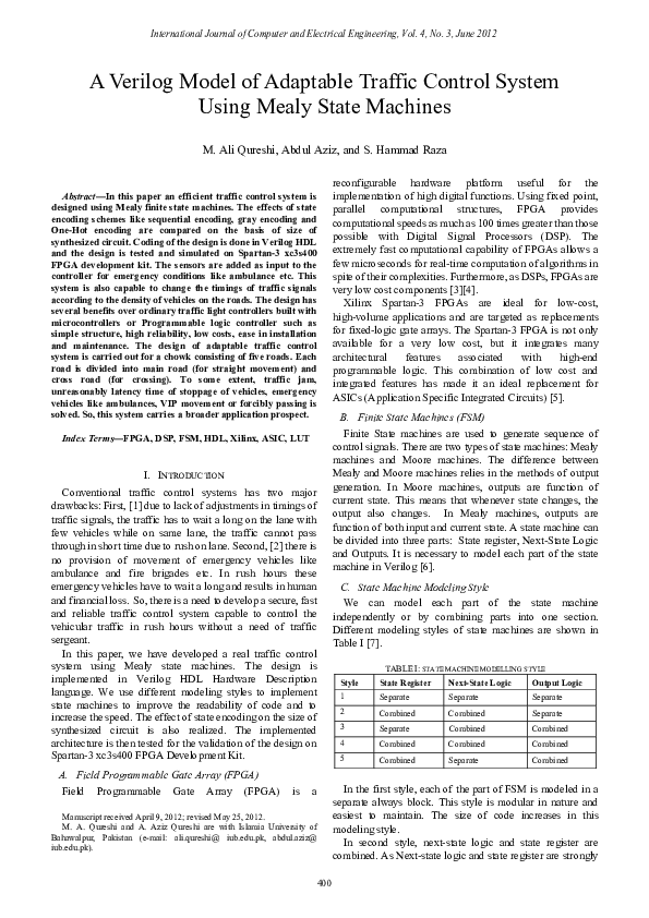 (PDF) A Verilog Model of Adaptable Traffic Control System Using Mealy State Machines