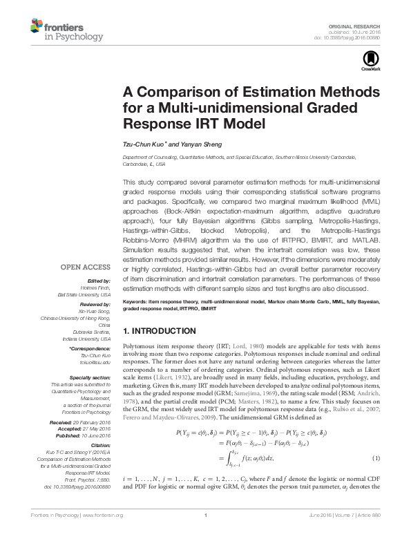 (PDF) A Comparison of Estimation Methods for a Multi-unidimensional Graded Response IRT Model