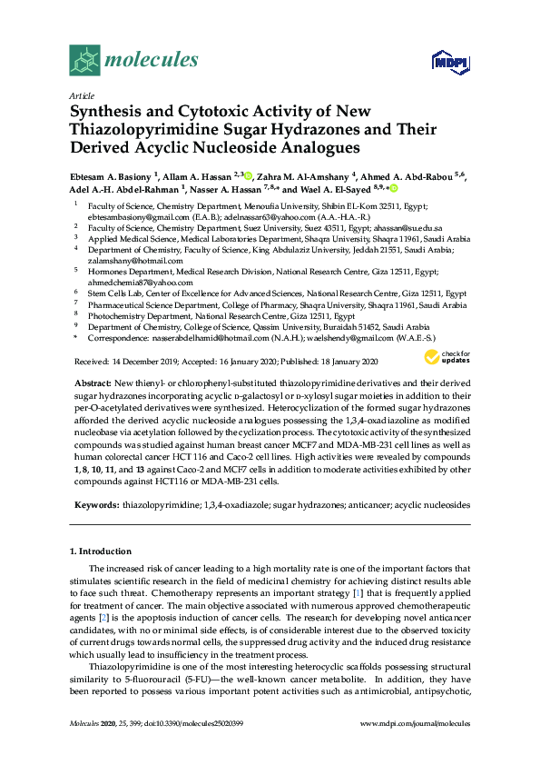 Synthesis and Cytotoxic Activity of New Thiazolopyrimidine Sugar Hydrazones and Their Derived ...