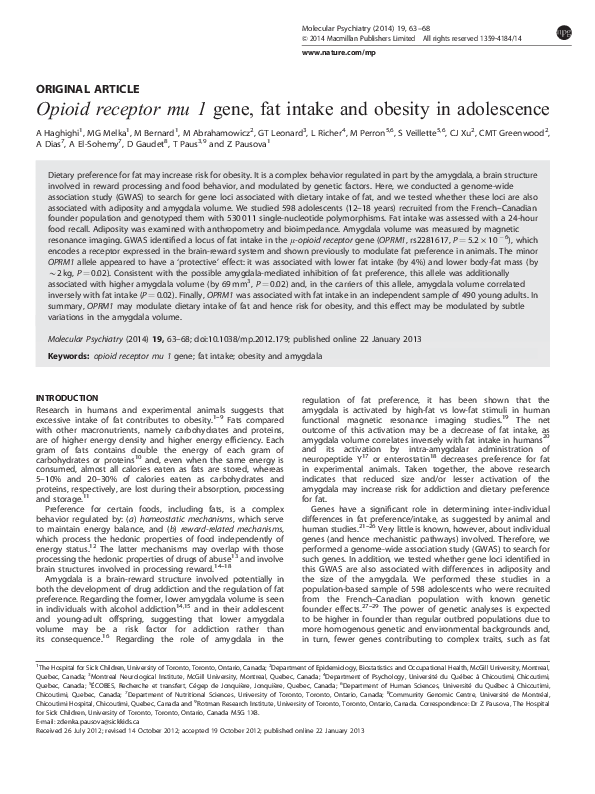 (PDF) Opioid receptor mu 1 gene, fat intake and obesity in adolescence