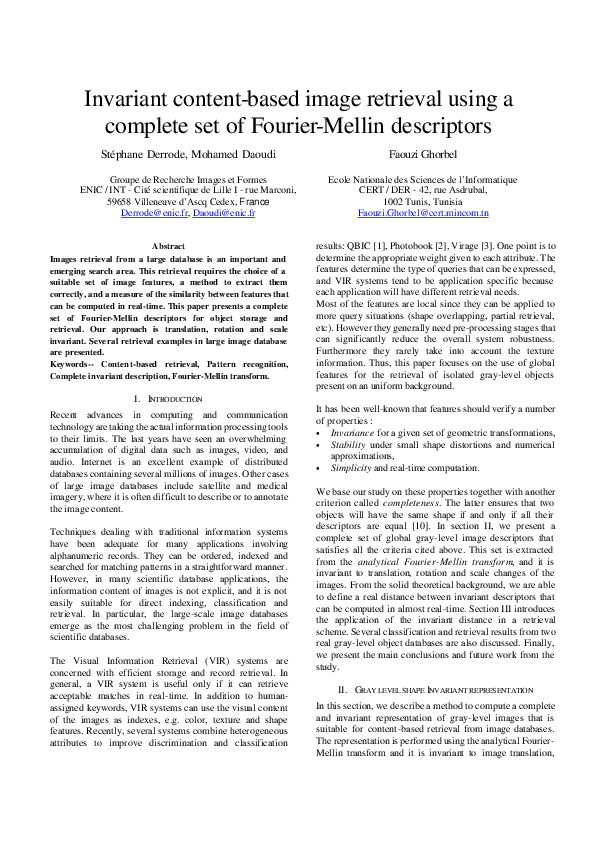 (PDF) Invariant content-based image retrieval using a complete set of Fourier-Mellin descriptors