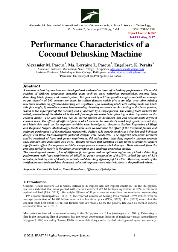 (PDF) Performance Characteristics of a Coconut Dehusking Machine