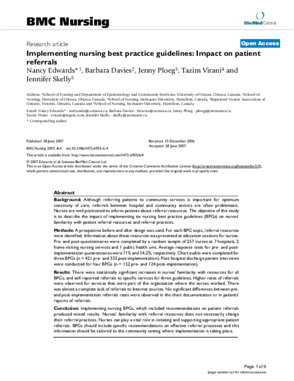 (PDF) Implementing nursing best practice guidelines: Impact on patient ...