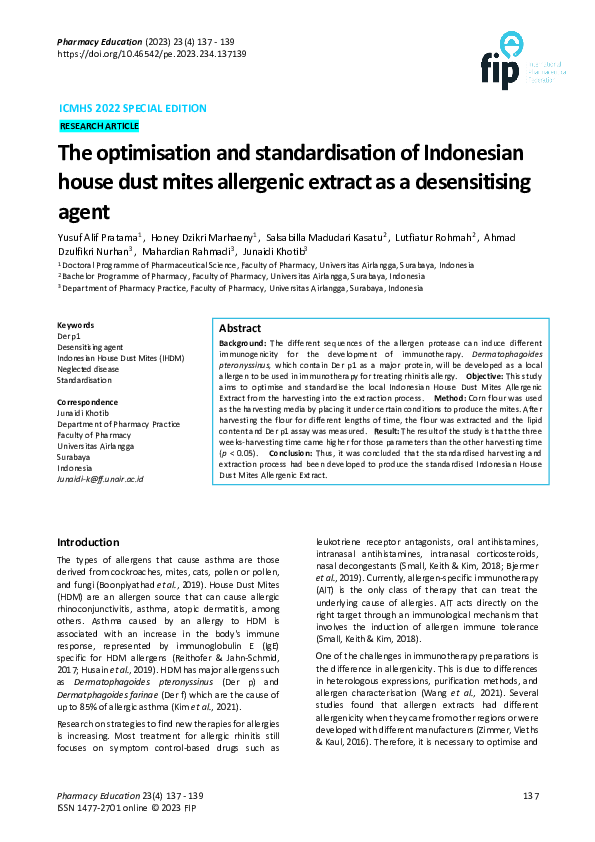 (PDF) The optimisation and standardisation of Indonesian house dust ...