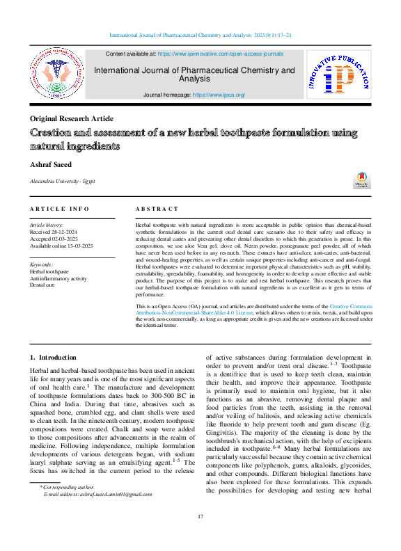 (PDF) Creation and assessment of a new herbal toothpaste formulation ...