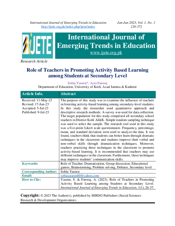 (PDF) Role of Teacher in Promoting Activity Based Learning among Students at Secondary Level